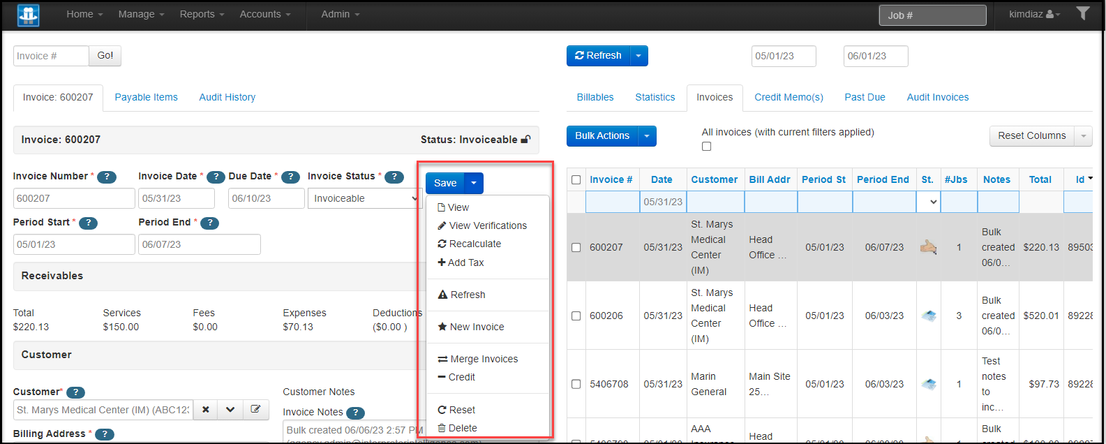 Invoice and Payment Save Button Dropdown Menu Options – Interpreter Intelligence