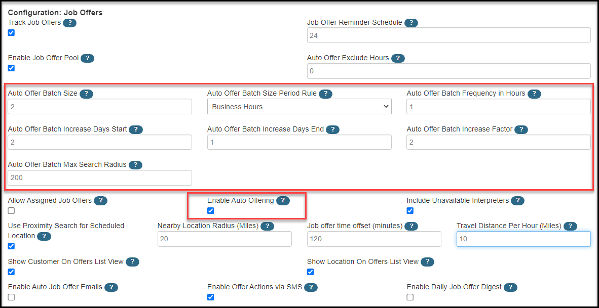 Auto Offer Batch Settings – Interpreter Intelligence