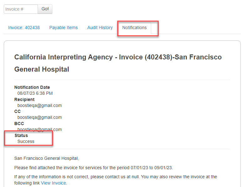 Invoice Email Address Fields and Notification Tab – Interpreter Intelligence