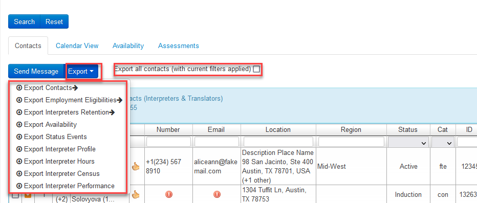 Manage Contacts - Available Exports – Interpreter Intelligence