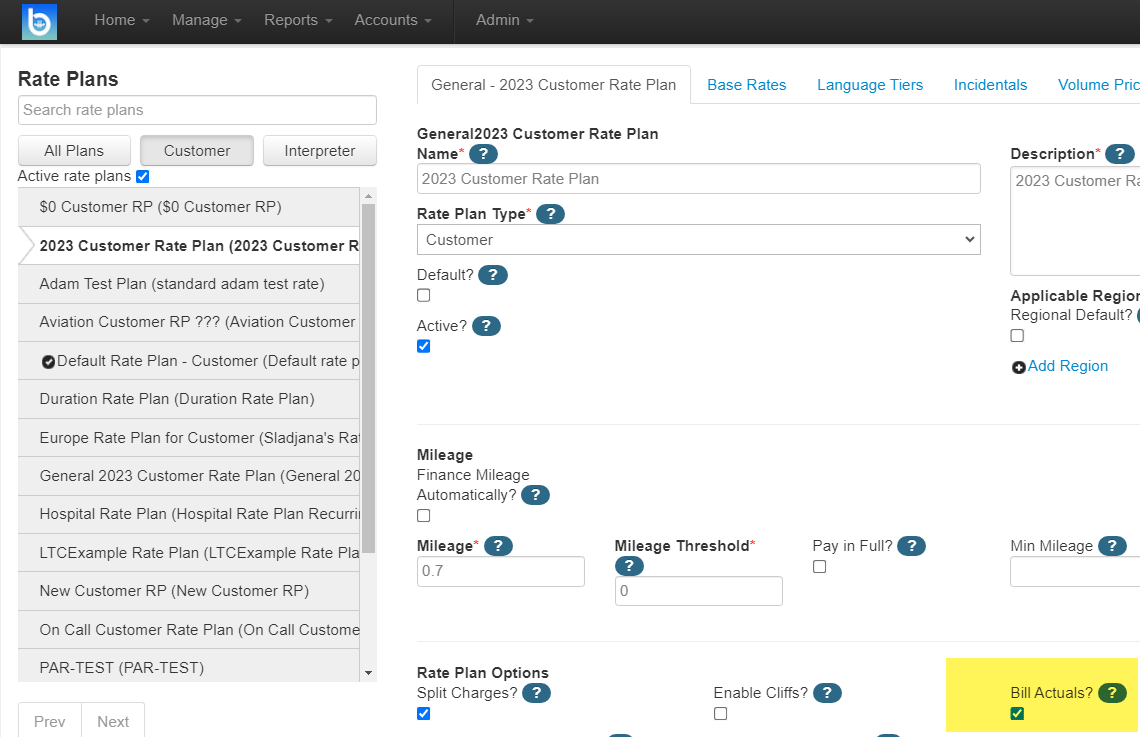 Rate Plan - Bill Actuals Setting – Interpreter Intelligence